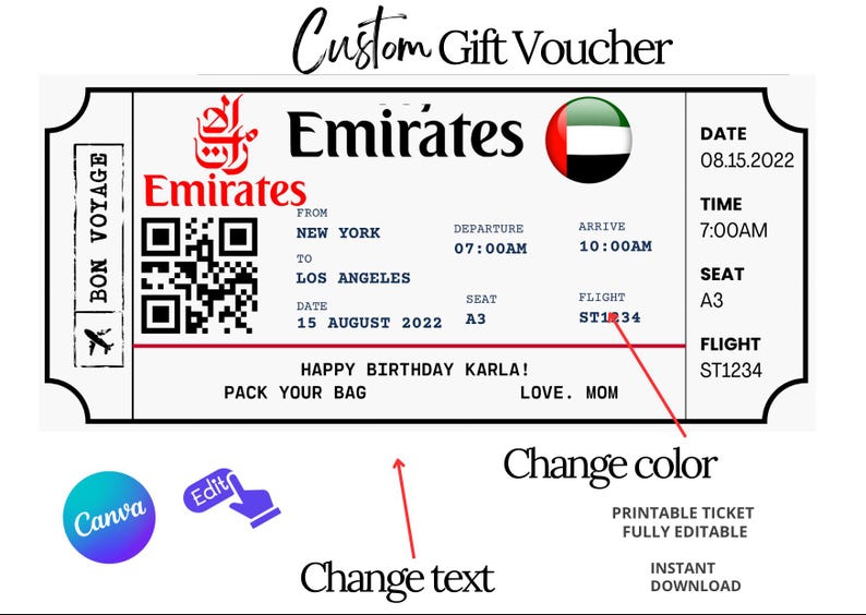 Editable Emirates Airlines Ticket Template, Custom Ticket Printable DIY ...