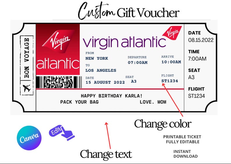 Editable Virgin Atlantic Airlines Ticket Template, Custom Ticket ...
