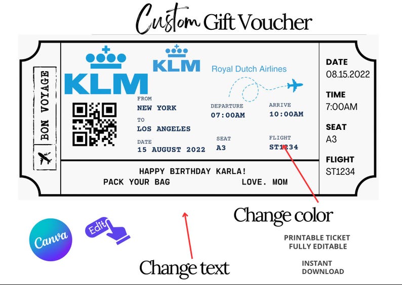 Editable KLM Airlines Ticket Template, Custom Ticket Printable DIY ...