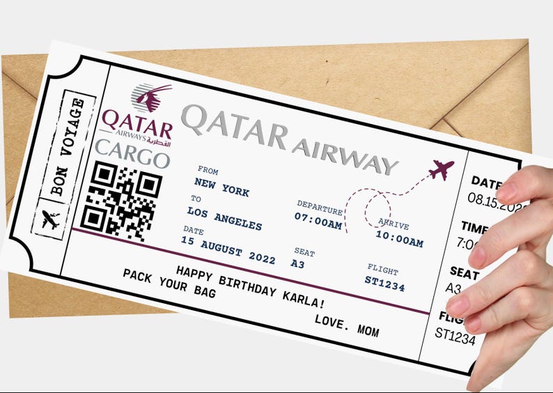 Editable Qatar Airlines Ticket Template, Custom Ticket Printable DIY ...