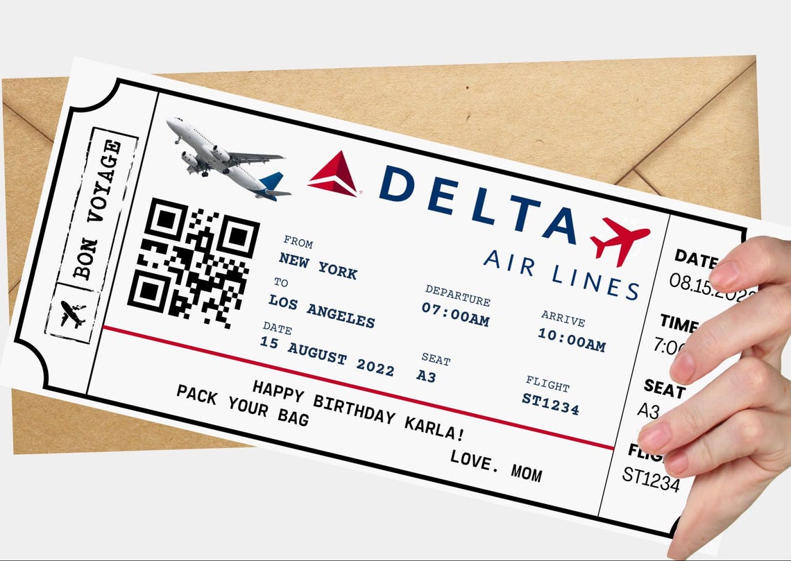 Editable Delta Airlines Ticket Template, Custom Ticket Printable DIY Surprise Airline Boarding ...