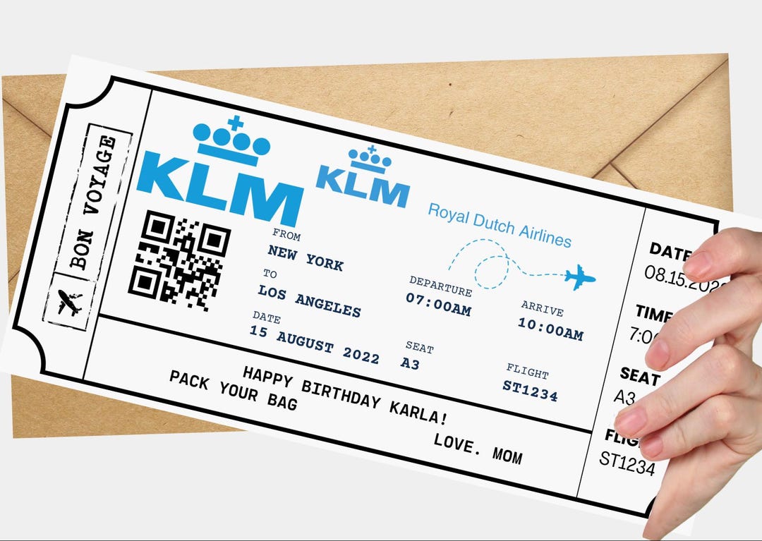 Editable KLM Airlines Ticket Template, Custom Ticket Printable DIY Surprise Airline Boarding ...