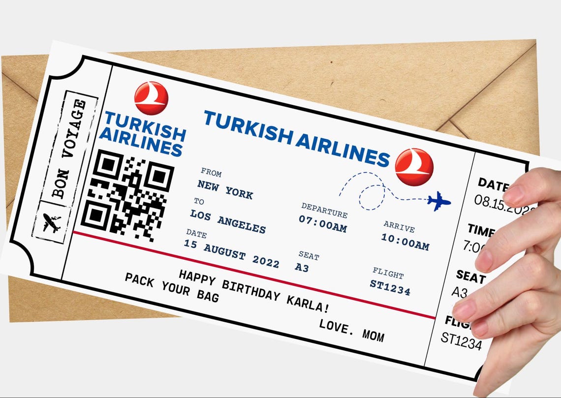 Editable Turkish Airlines Ticket Template, Custom Ticket Printable DIY ...
