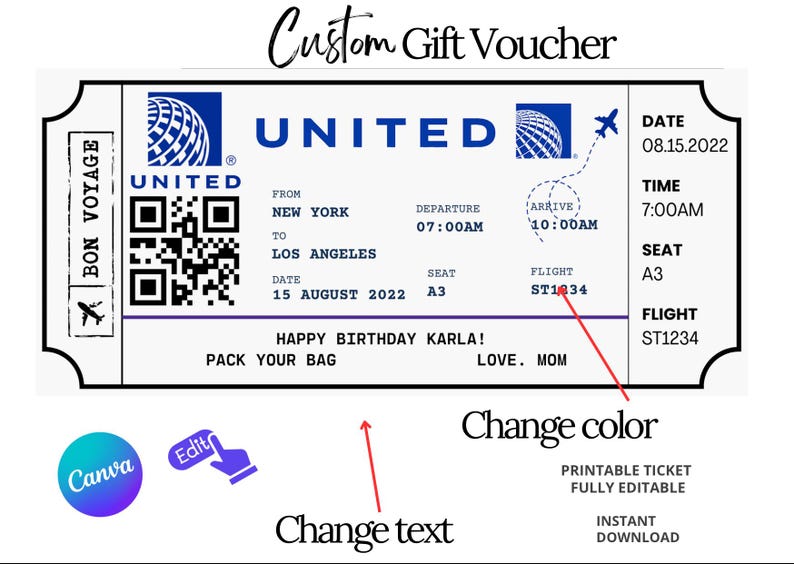 Editable United Airlines Ticket Template, Custom Ticket Printable DIY ...