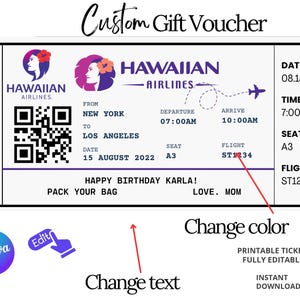 Editable Hawaiian Airlines Ticket Template, Custom Ticket Printable DIY ...