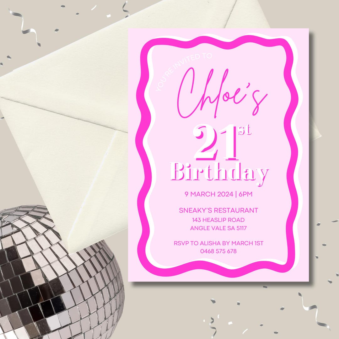 Wavy Border Birthday Party Invitation Template | Pink and White ...