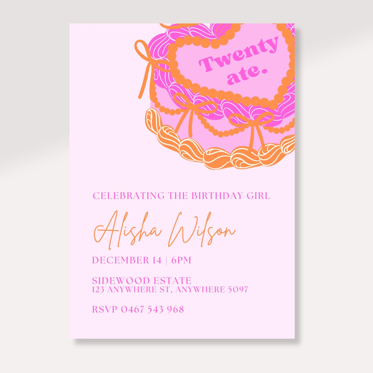 Twenty Ate Birthday Invitation | Pink & Orange Cake (digital Invite ...