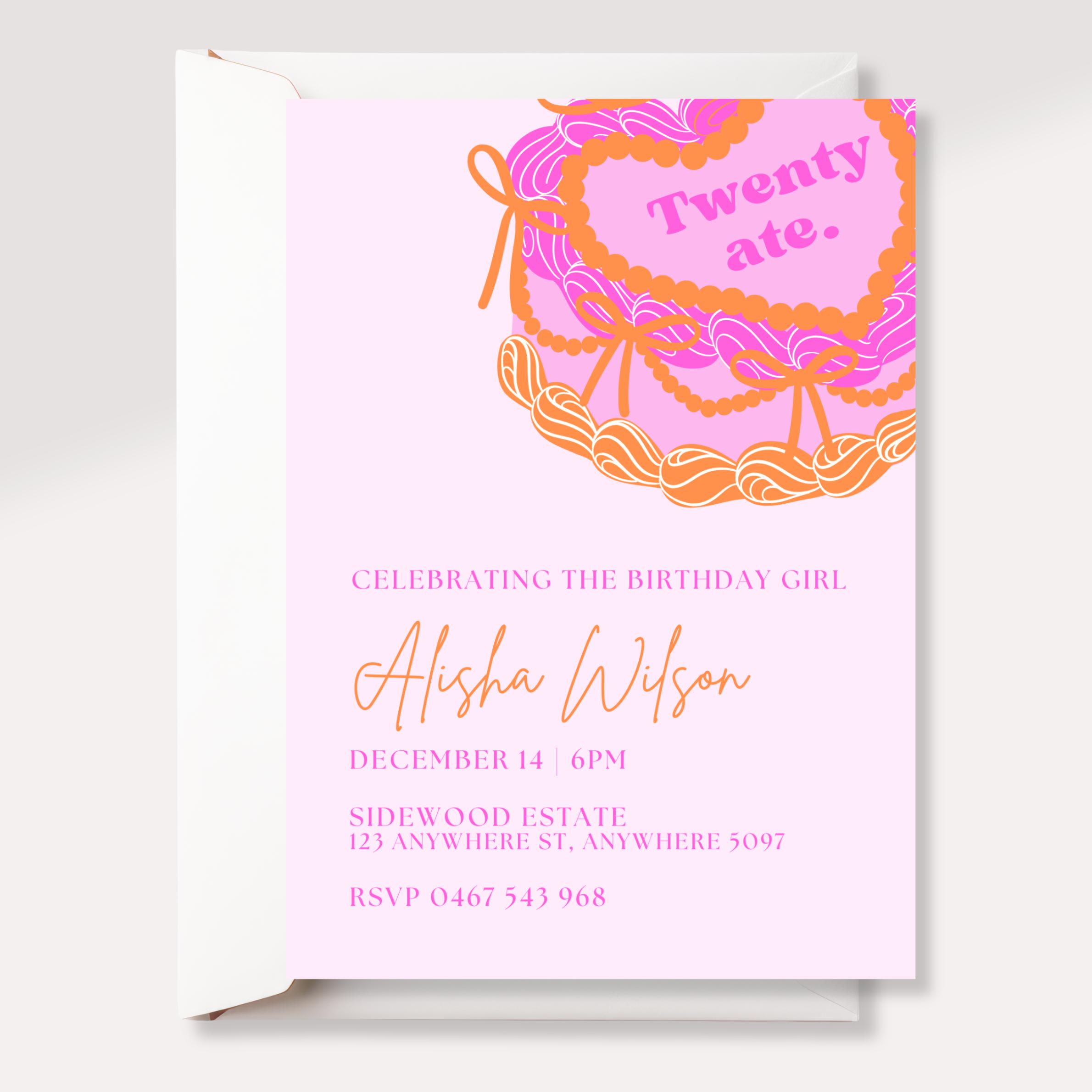 Twenty Ate Birthday Invitation | Pink & Orange Cake (digital Invite ...