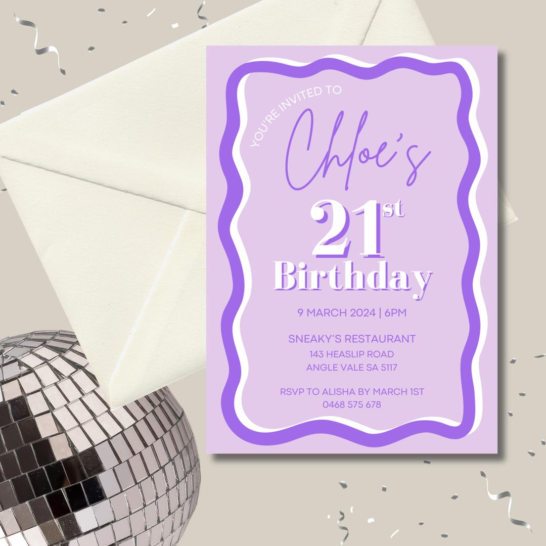 Wavy Border Birthday Party Invitation Template | Trendy Purple & White ...