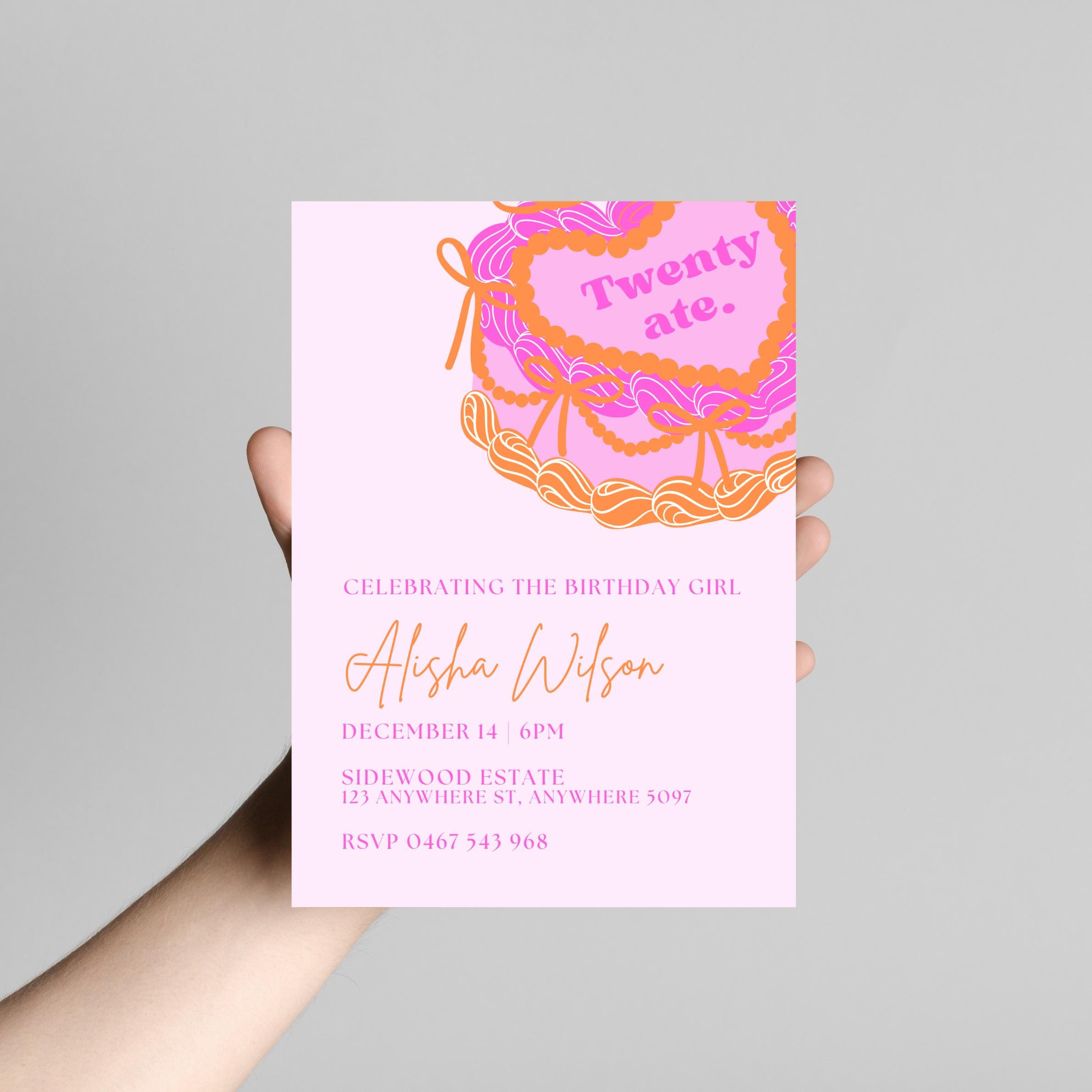 Twenty Ate Birthday Invitation | Pink & Orange Cake (digital Invite ...