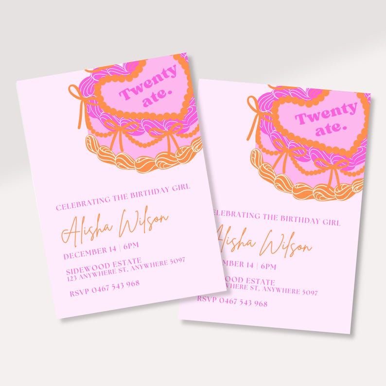 Twenty Ate Birthday Invitation | Pink & Orange Cake (digital Invite ...
