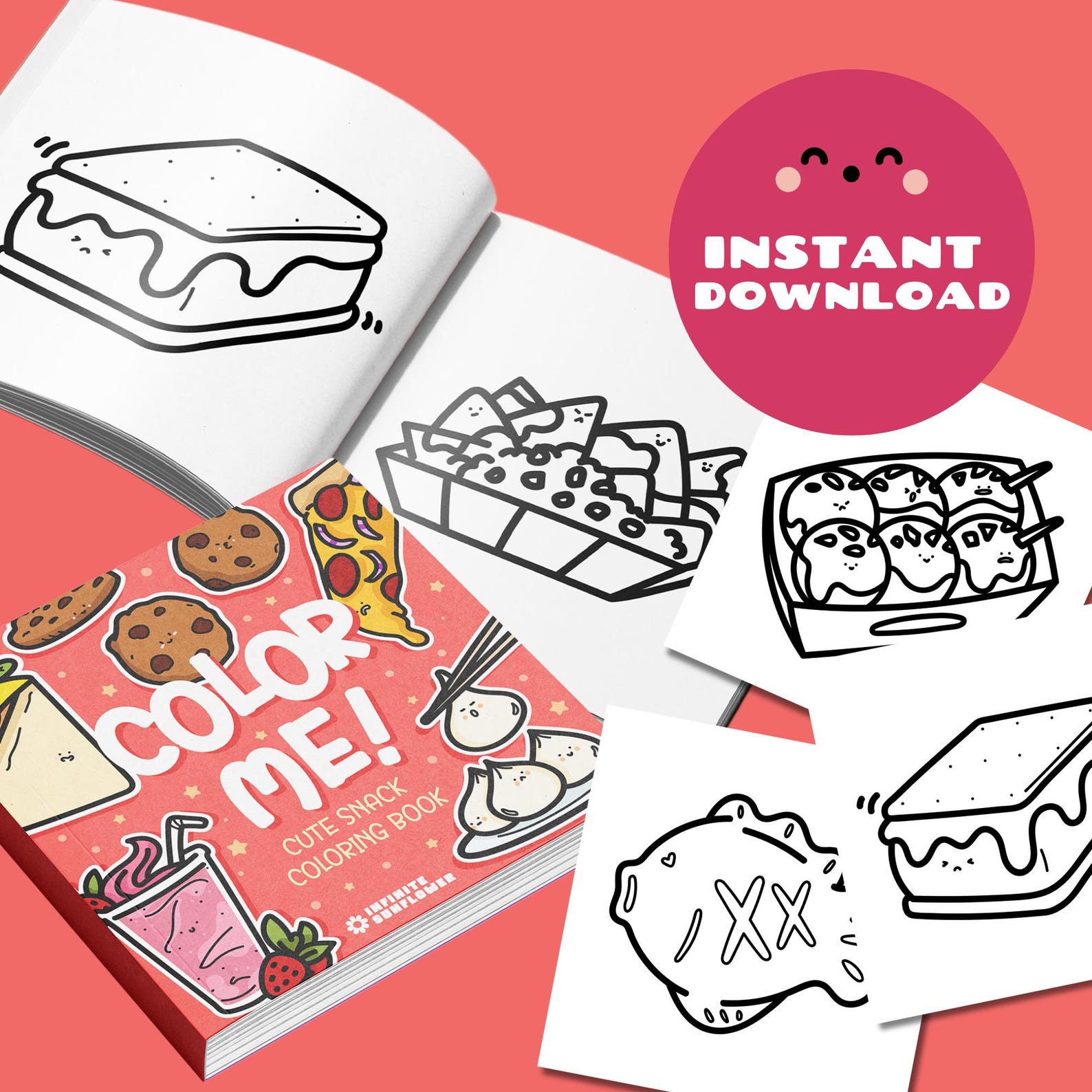Cute Snack Coloring Pages, 47 Sheets of Food Coloring Book, Thick and ...