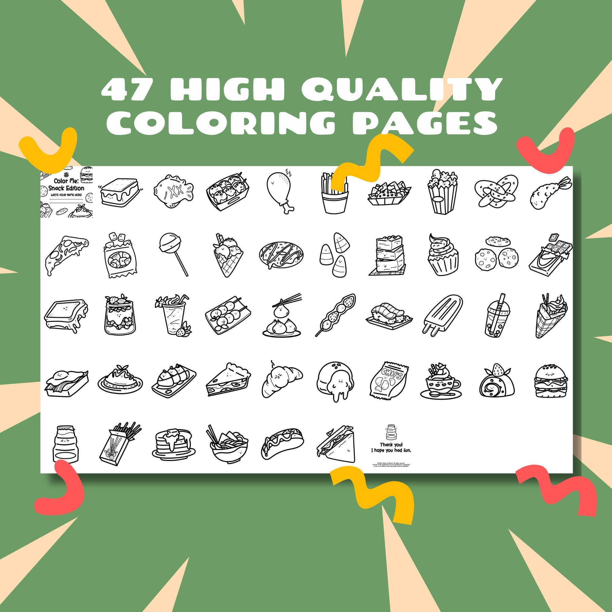 Cute Snack Coloring Pages, 47 Sheets of Food Coloring Book, Thick and ...