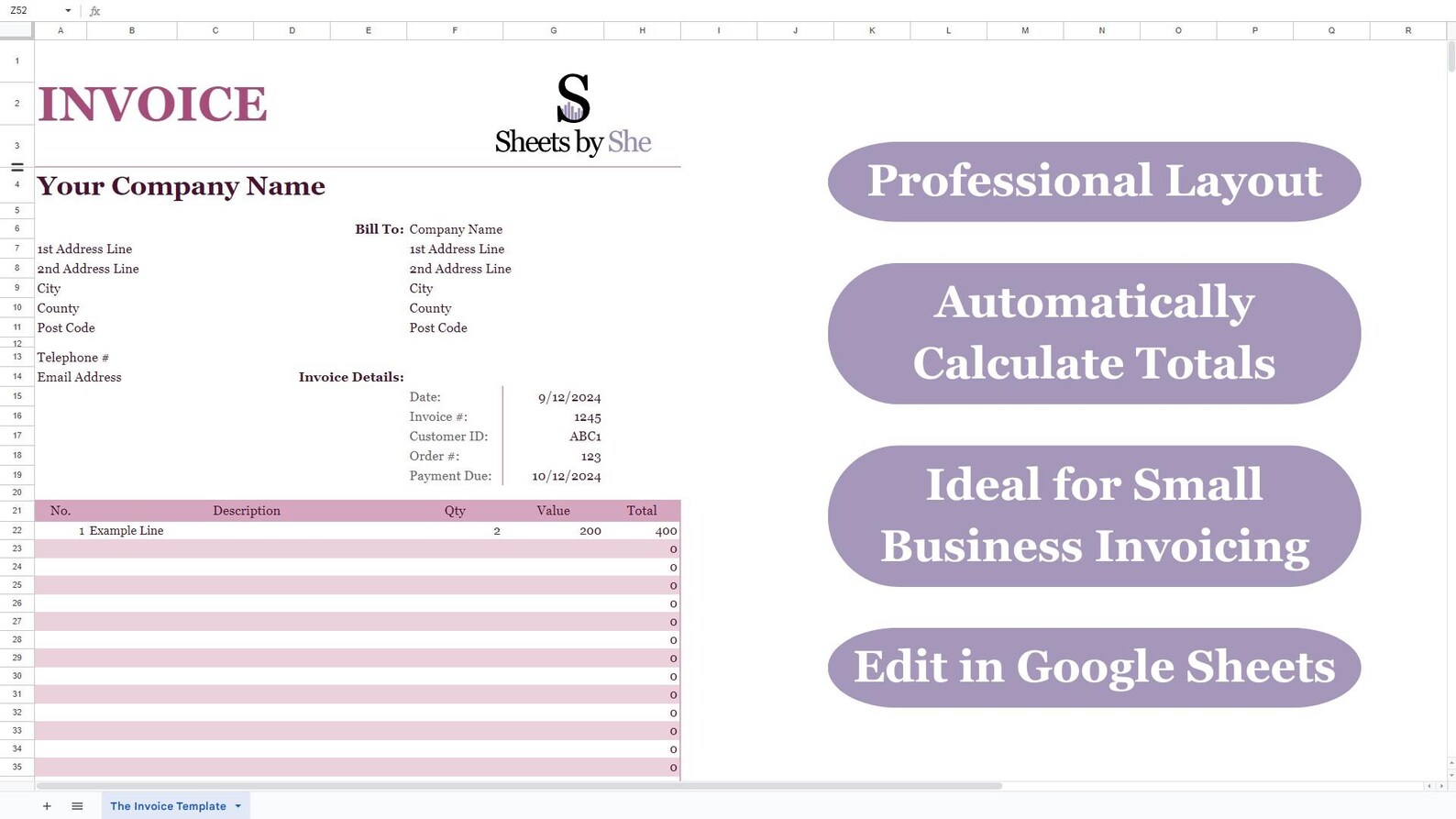 Invoice Template | Editable One-page Invoice in Google Sheets - Etsy