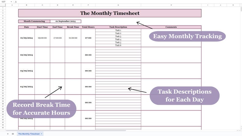 Monthly Timesheet | Track Hours in Google Sheets - Etsy
