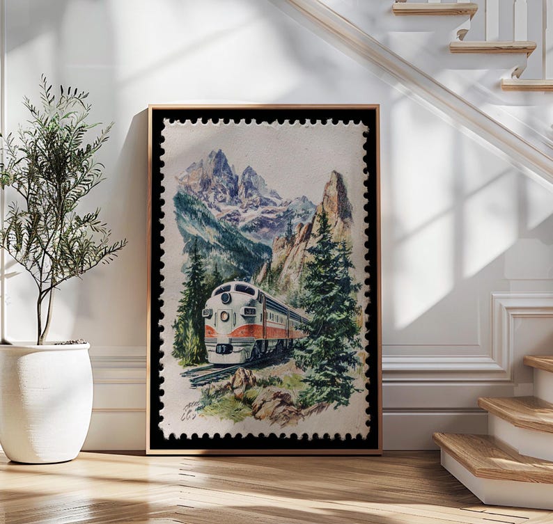 Vintage Train Stamp Poster, Retro Locomotive Wall Art, Scenic Railway ...