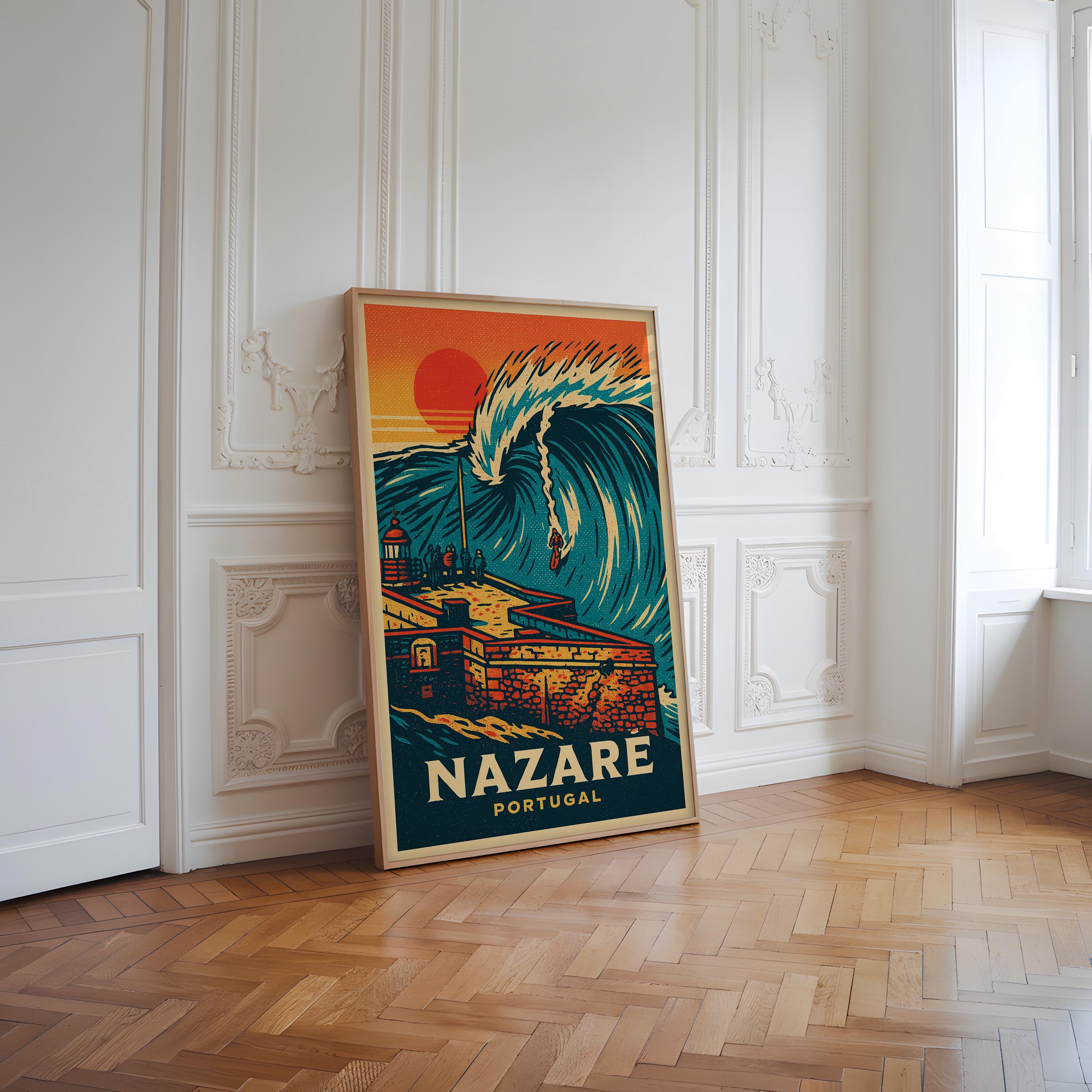 Nazaré Surf Poster, Portugal Big Wave Wall Art, Pop Art Ocean Print ...