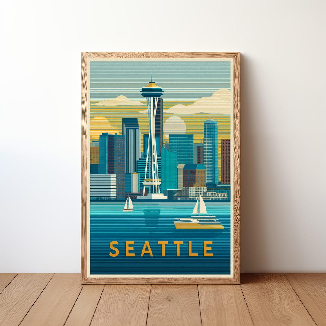 Seattle Travel Poster, City Skyline Print, Retro US City Wall Art ...