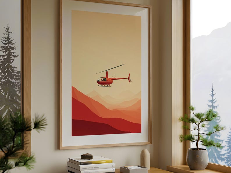 Helicopter Aviation Poster: Minimalist Recreational Helicopter Wall Art ...