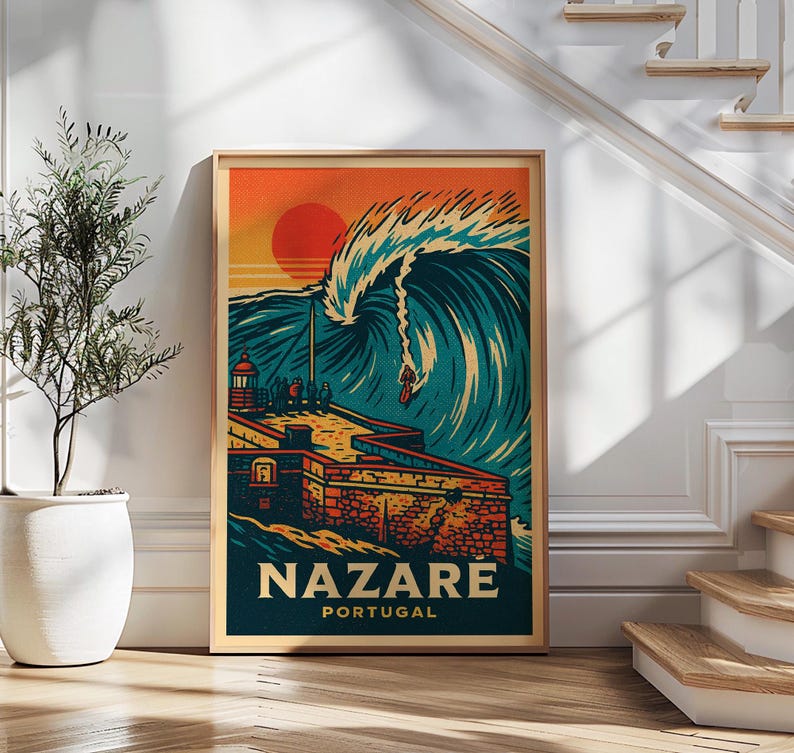 Nazaré Surf Poster, Portugal Big Wave Wall Art, Pop Art Ocean Print ...
