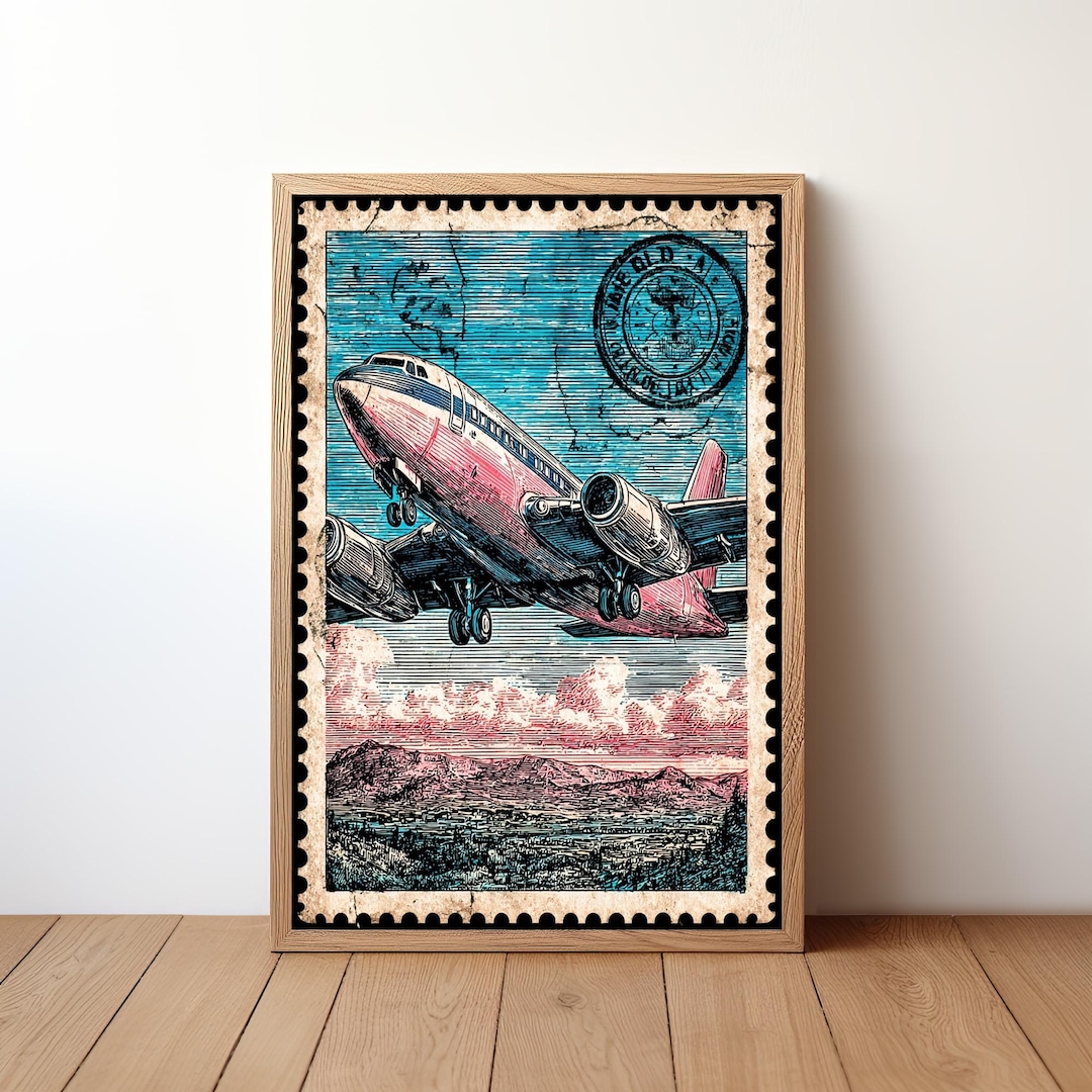 Vintage Jetliner Stamp Poster, Retro Airplane Wall Art, Travel Airmail ...