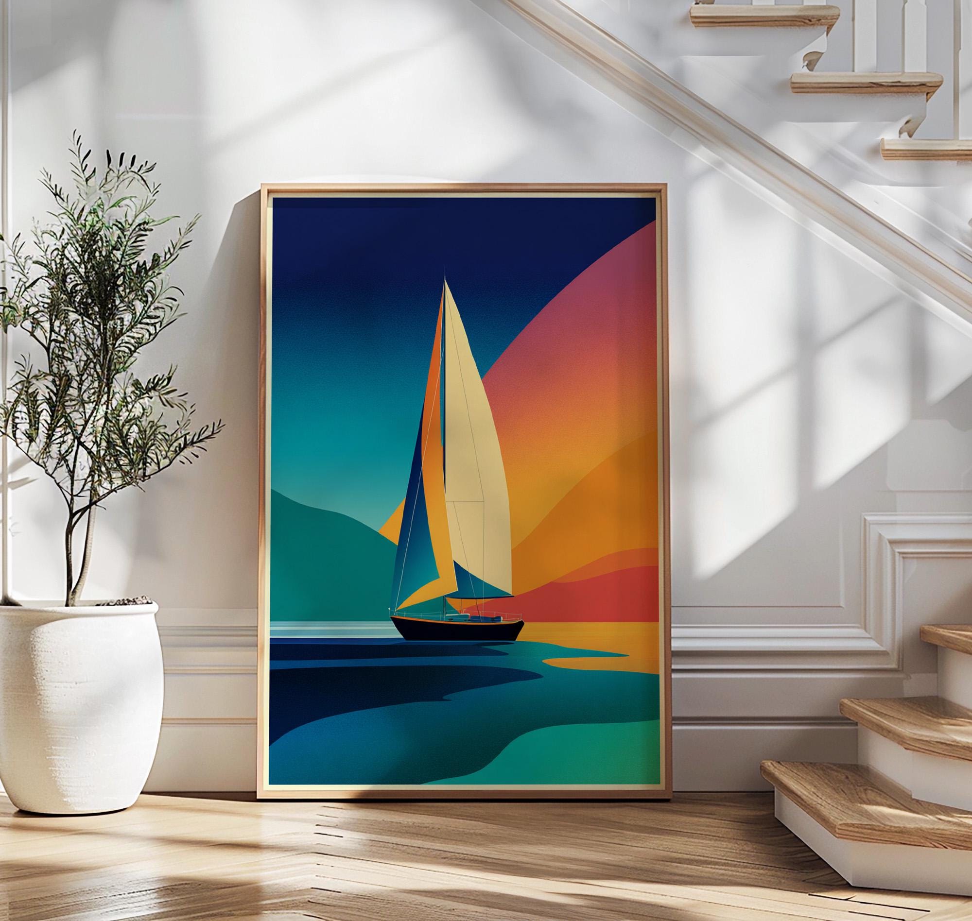 Sailboat Poster, Minimalist Modern Nautical Wall Art, Simple Ocean Boat ...