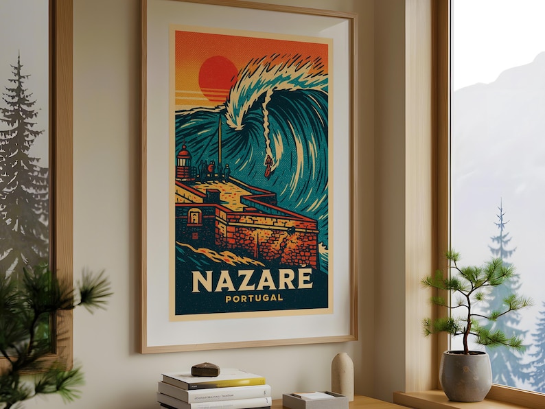 Nazaré Surf Poster, Portugal Big Wave Wall Art, Pop Art Ocean Print ...