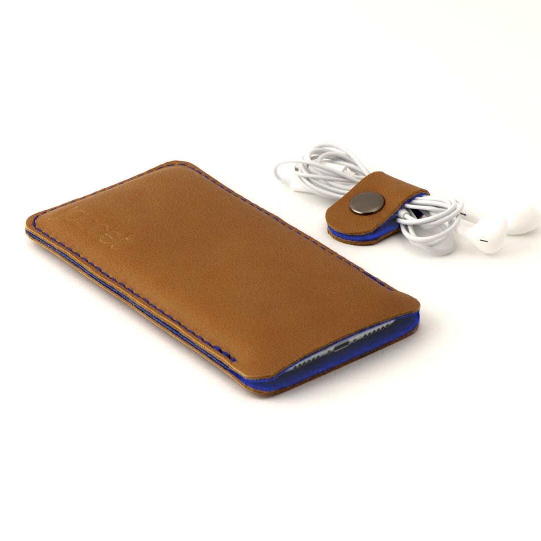 Cognac Color Leather Case for Samsung Galaxy S25 With Blue Wool Felt ...