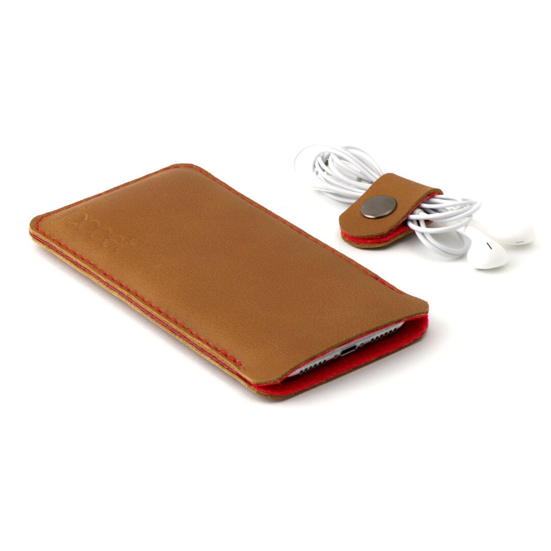 Cognac Color Leather Sleeve for Samsung Galaxy S25 Ultra With Red Wool ...