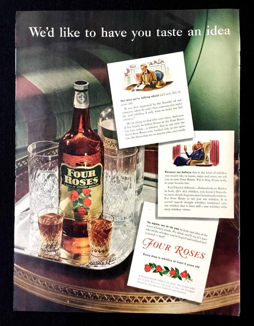 1940 Four Roses Whiskey Vintage Ad, Advertising Art, Magazine Ad, Print ...