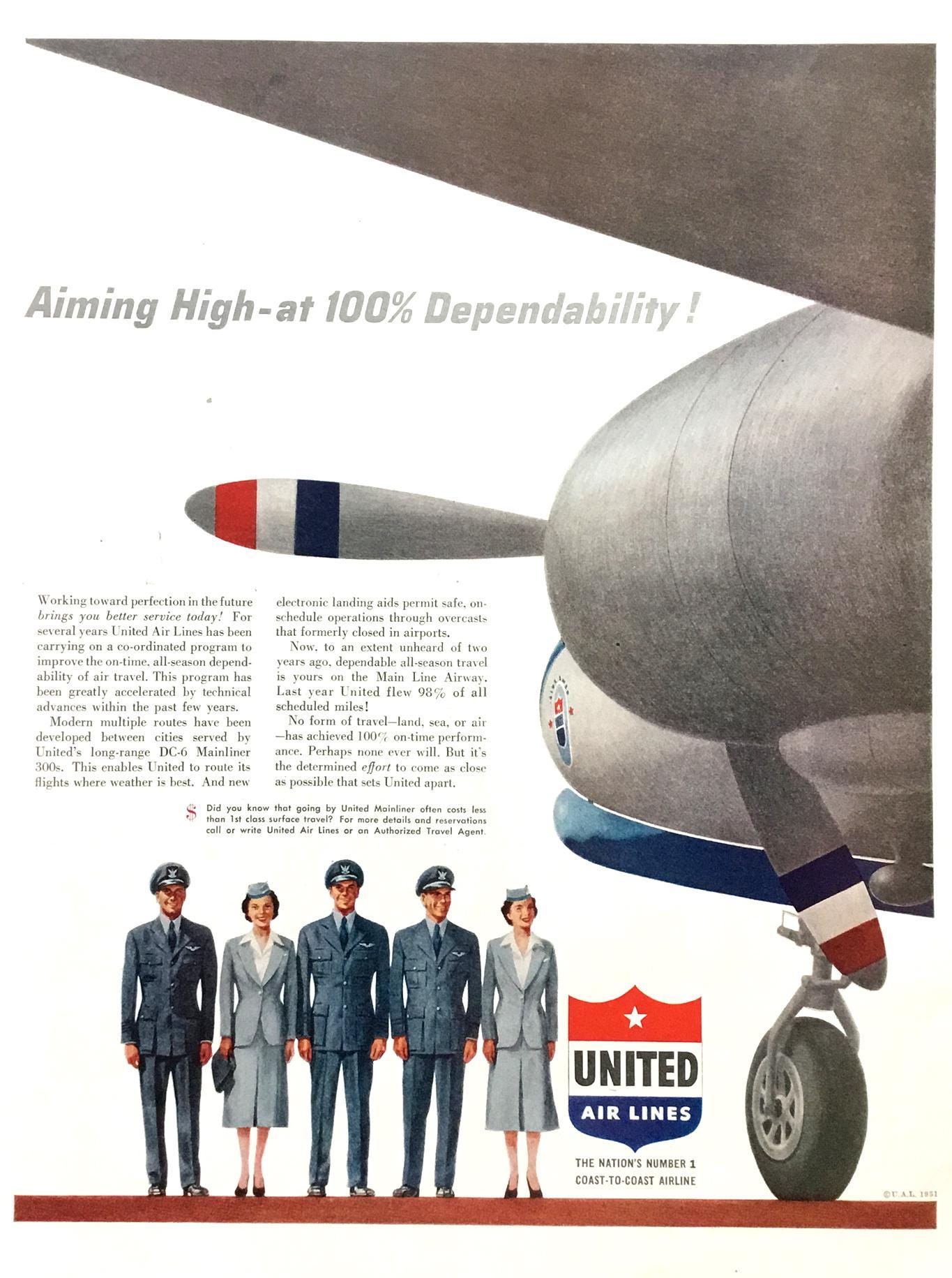 1951 United Airlines Vintage Ad, Advertising Art, Magazine Ad, Airplane ...