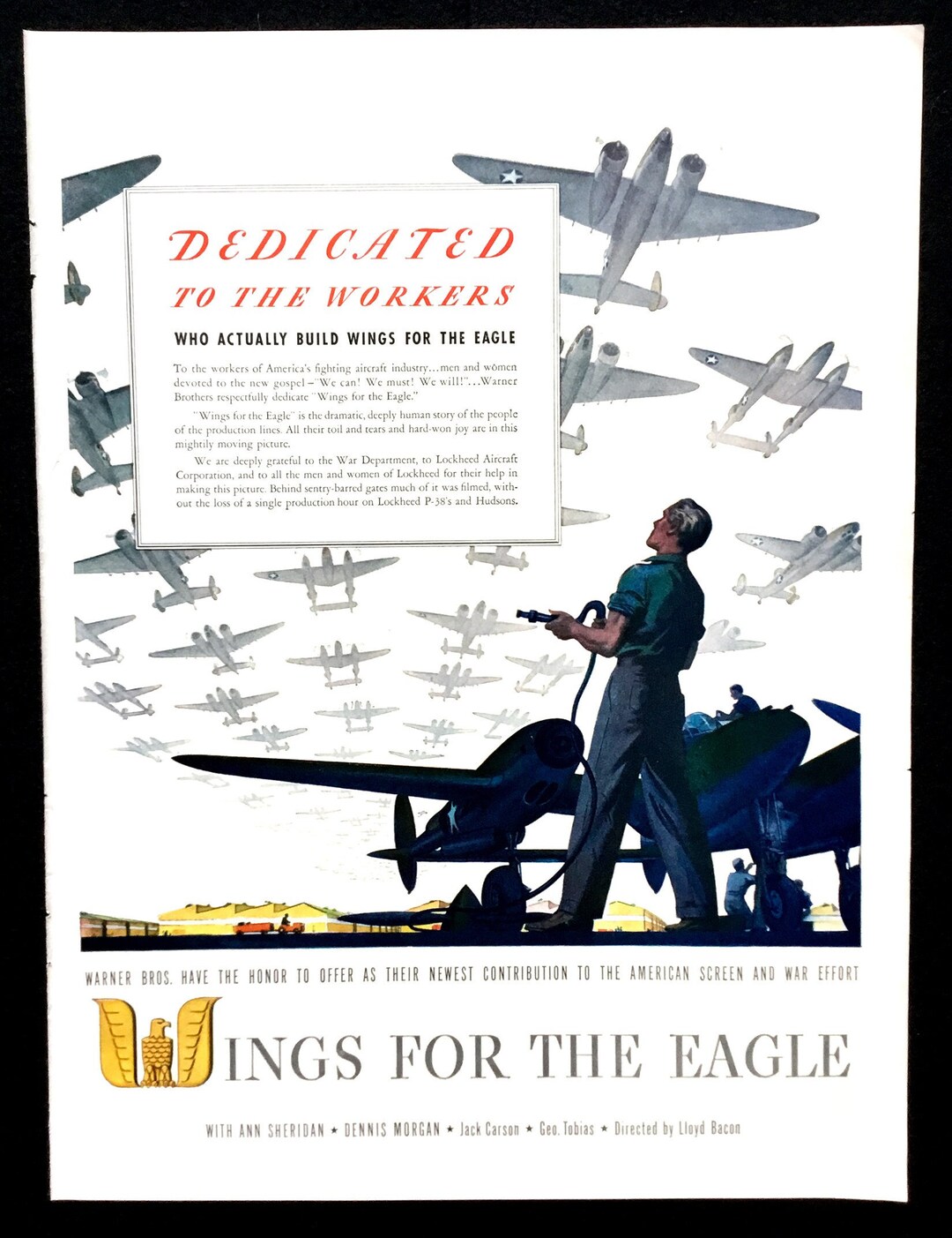 1942 "wings for the Eagle" Vintage Movie Ad, Advertising Art, Ann ...