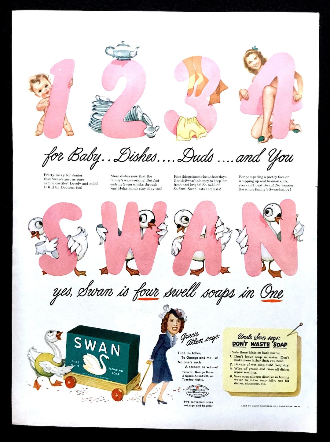 1940's Swan Soap Vintage Ad, Advertising Art, Magazine Ad, Gracie Allen ...