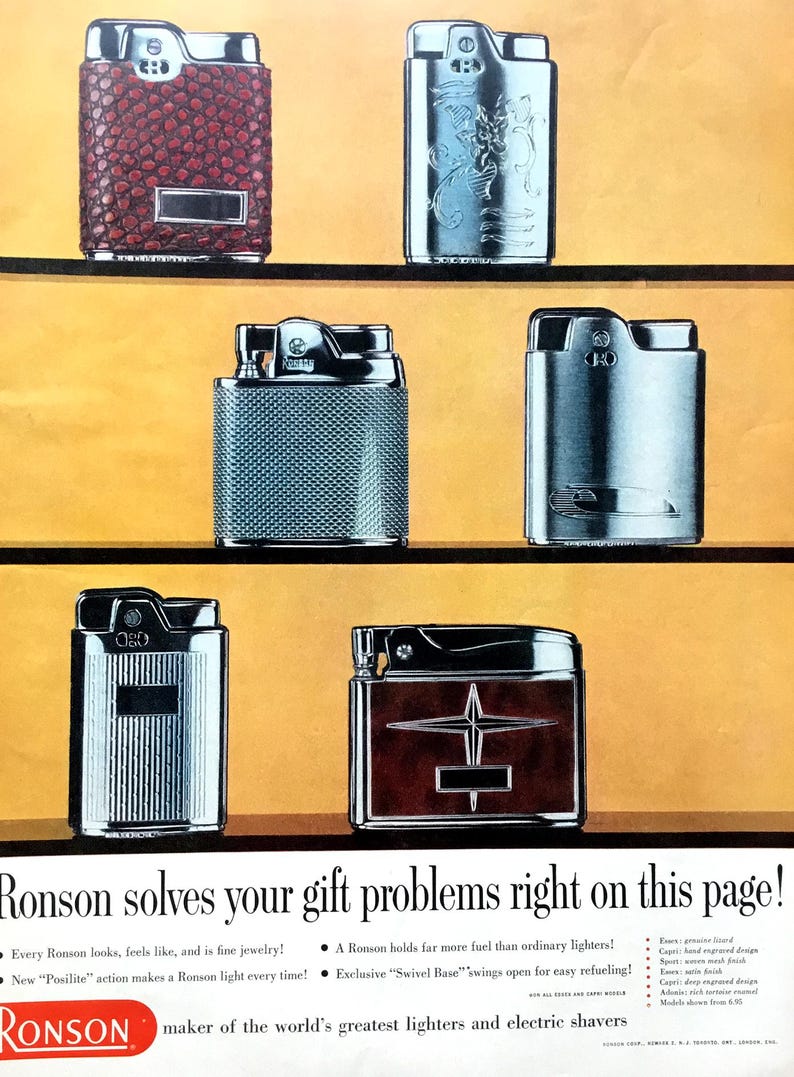 1957 Ronson Lighter Ad, Vintage Magazine Print, Collectible Advertising ...