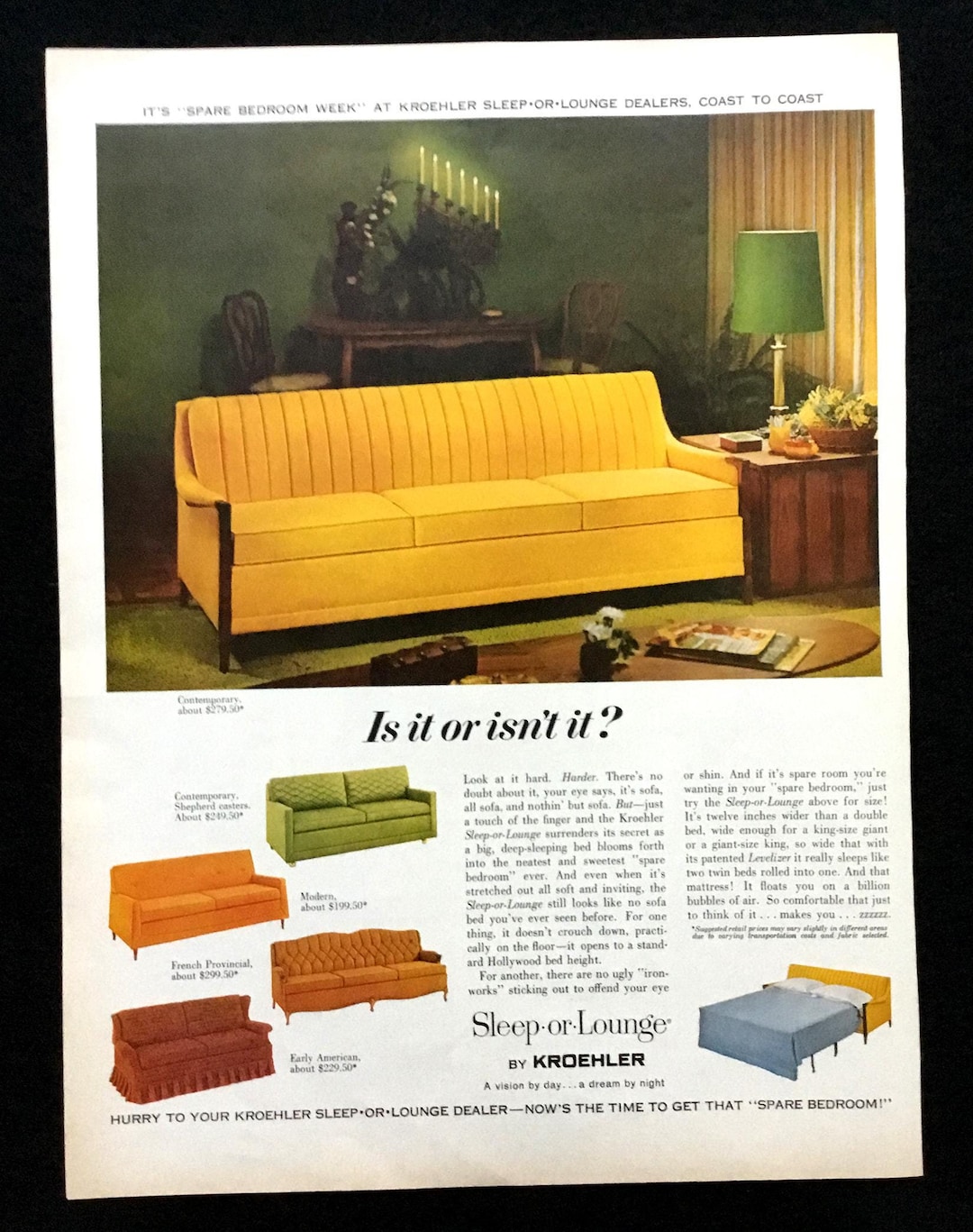 1964 Kroehler Couch Vintage Ad, Sleep-or-lounge, Advertising Art, 1960 ...