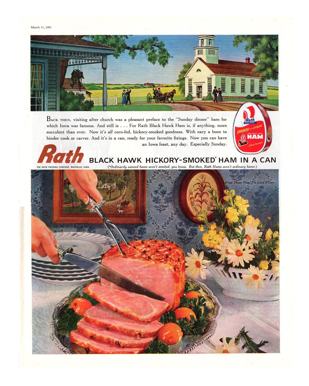 1961 Rath Ham Vintage Ad, Advertising Art, Magazine Ad, Hickory-smoked ...