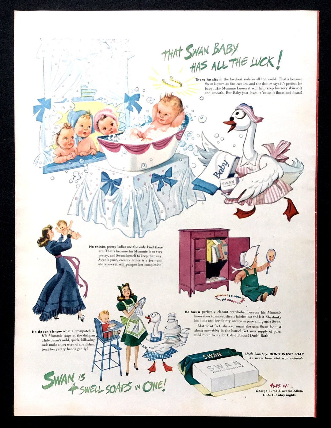 1945 Swan Soap Vintage Ad, Advertising Art, Magazine Ad, Babies, Print ...