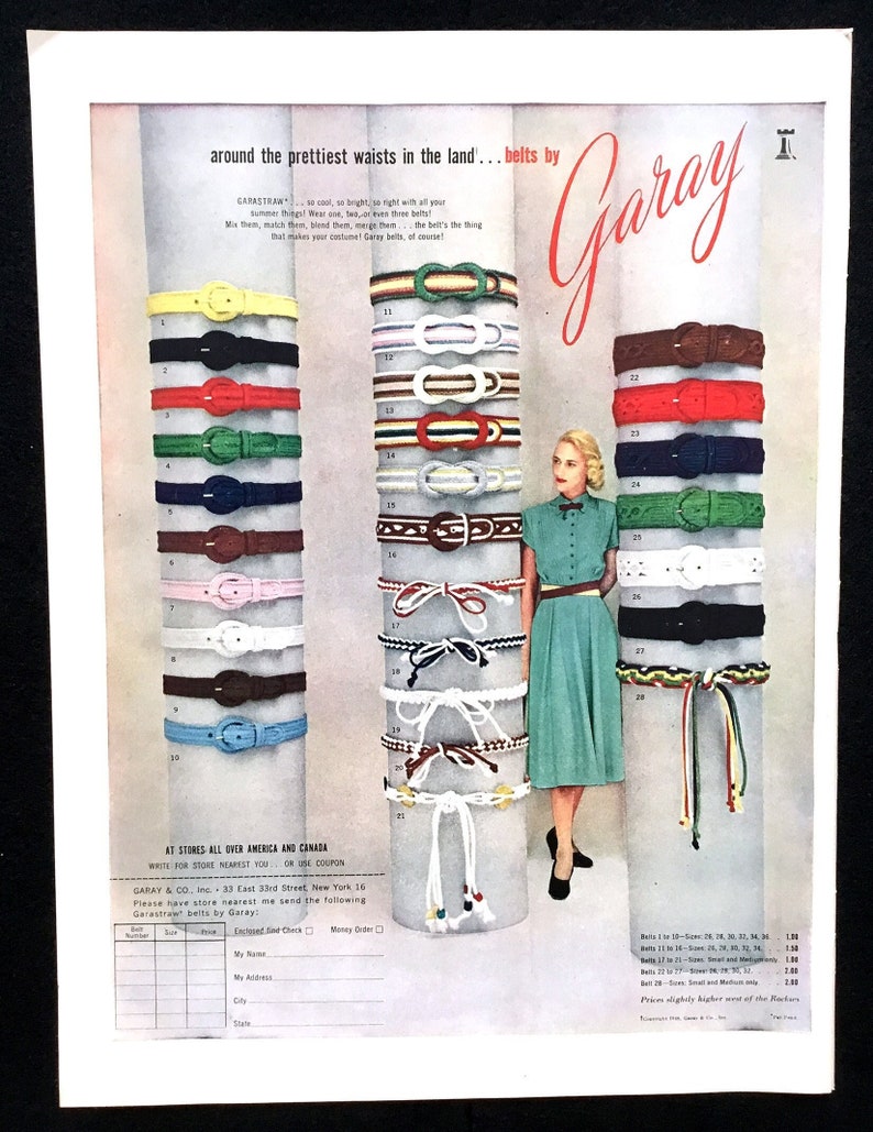 1948 Garay Belts Vintage Ad, Advertising Art, 1940's Fashion, Magazine ...