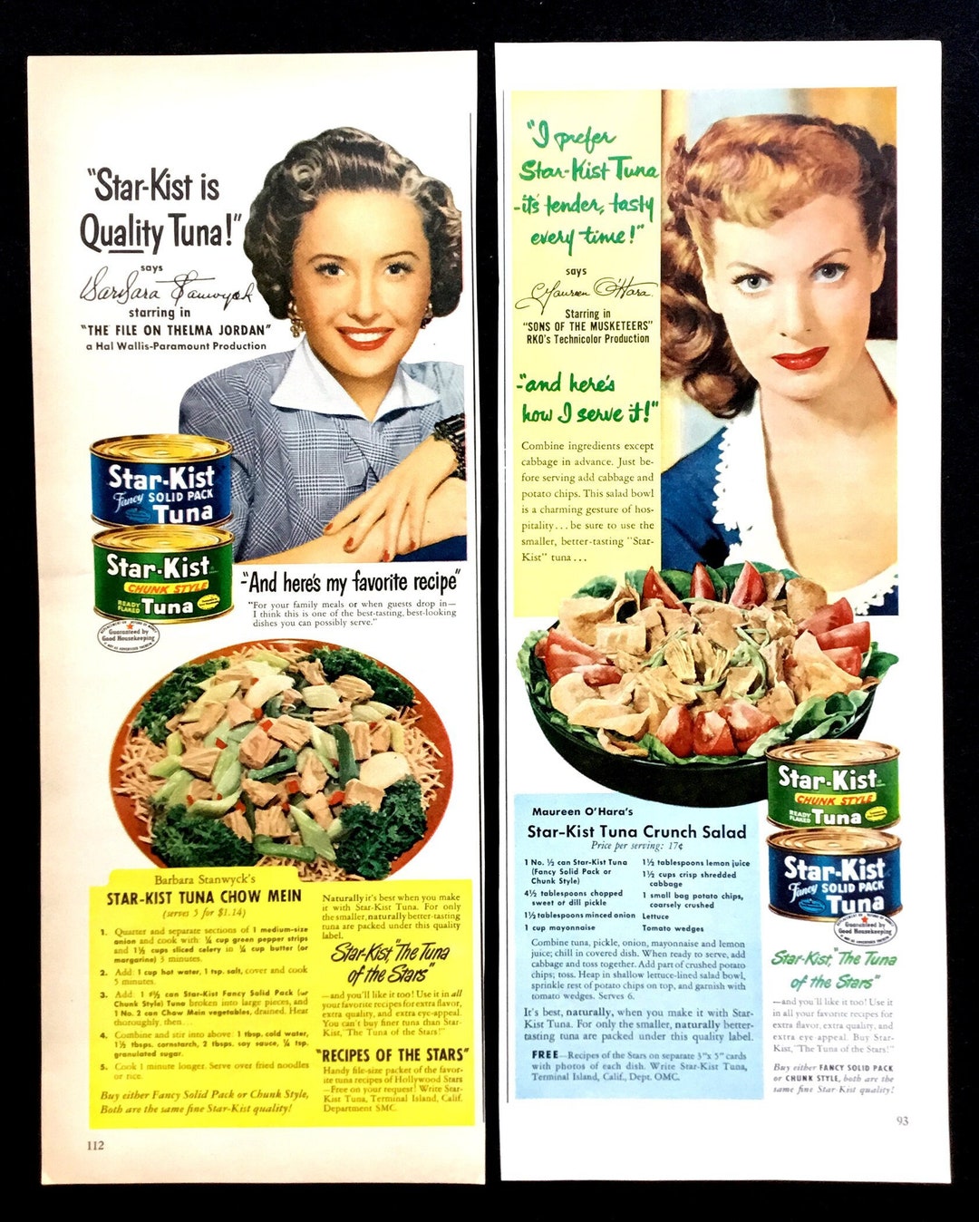 1950's Star-kist Tuna Vintage Ads, Set of Two, Maureen O'hara ...