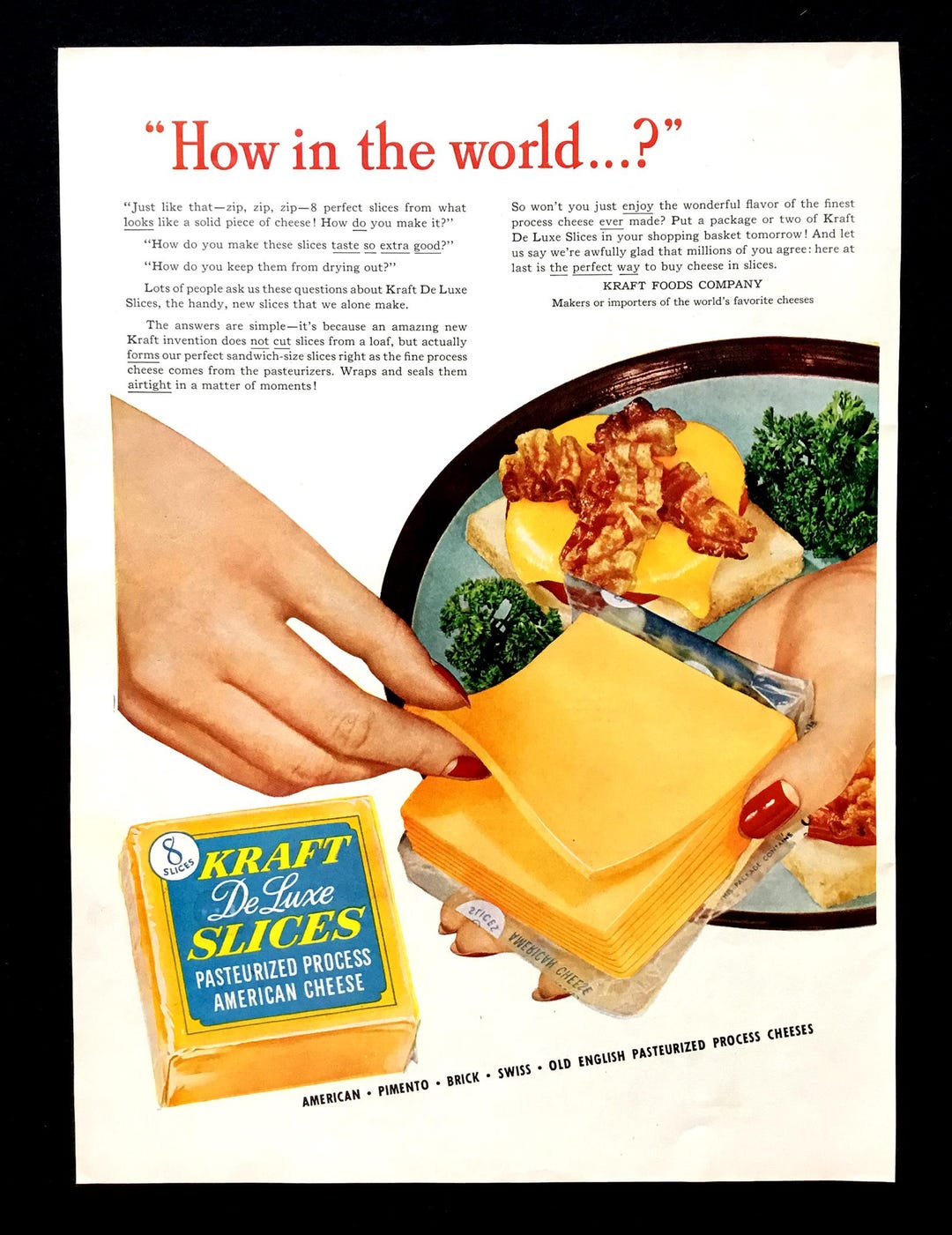 1950s Kraft Cheese Slices Vintage Ad, Kitchen Decor - Etsy