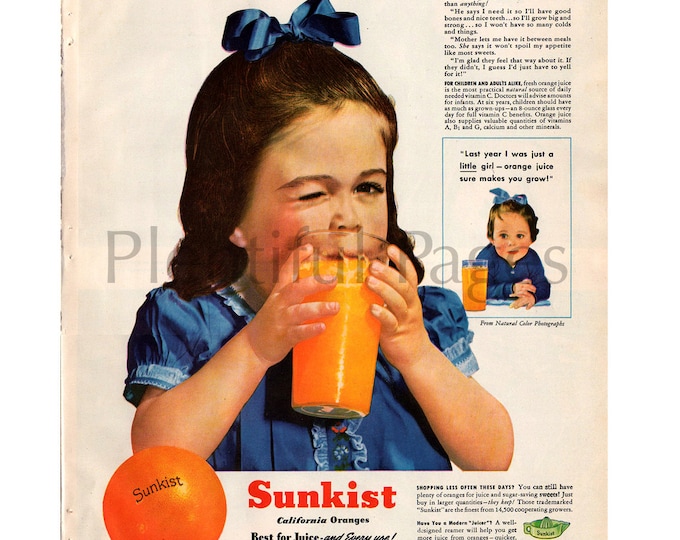 1942 Sunkist Vintage Ad, 1940's Girl, Retro Ad, 1940's Breakfast ...