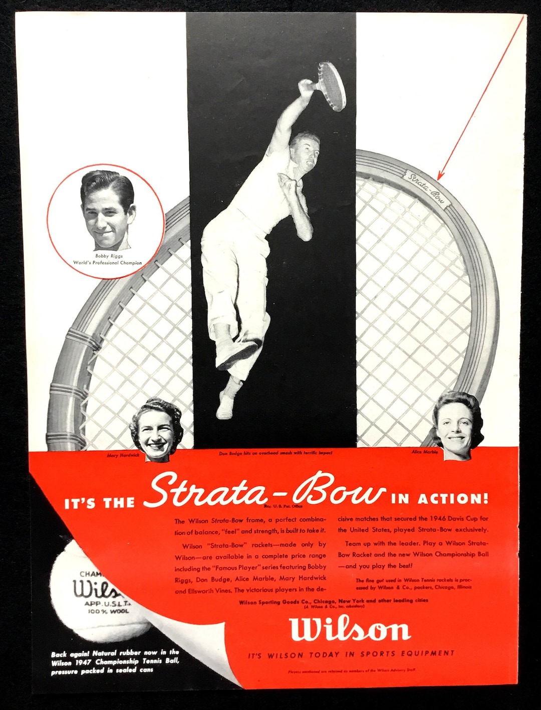 1947 Wilson Tennis Ad, Bobby Riggs, Strata-bow Racket, Vintage Magazine ...