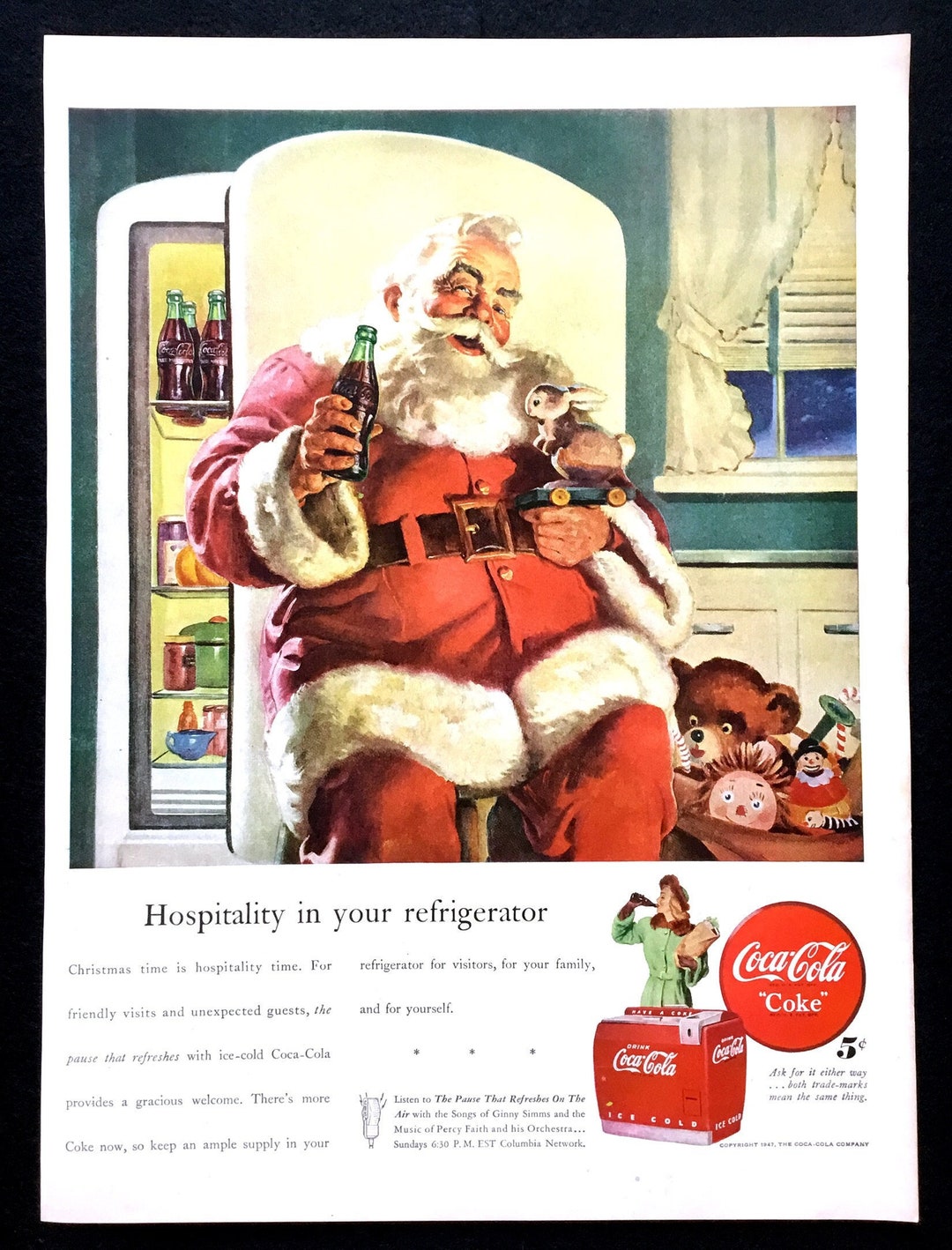 1947 Coca-cola Vintage Ad, Advertising Art, Santa, Magazine Ad, Print ...