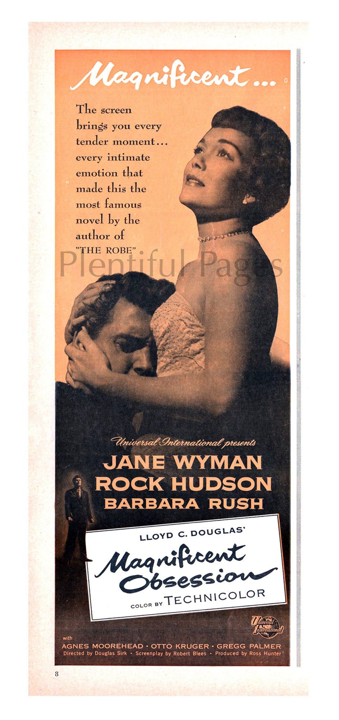 1954 "magnificent Obsession" Vintage Movie Ad, Rock Hudson, Jane Wyman ...