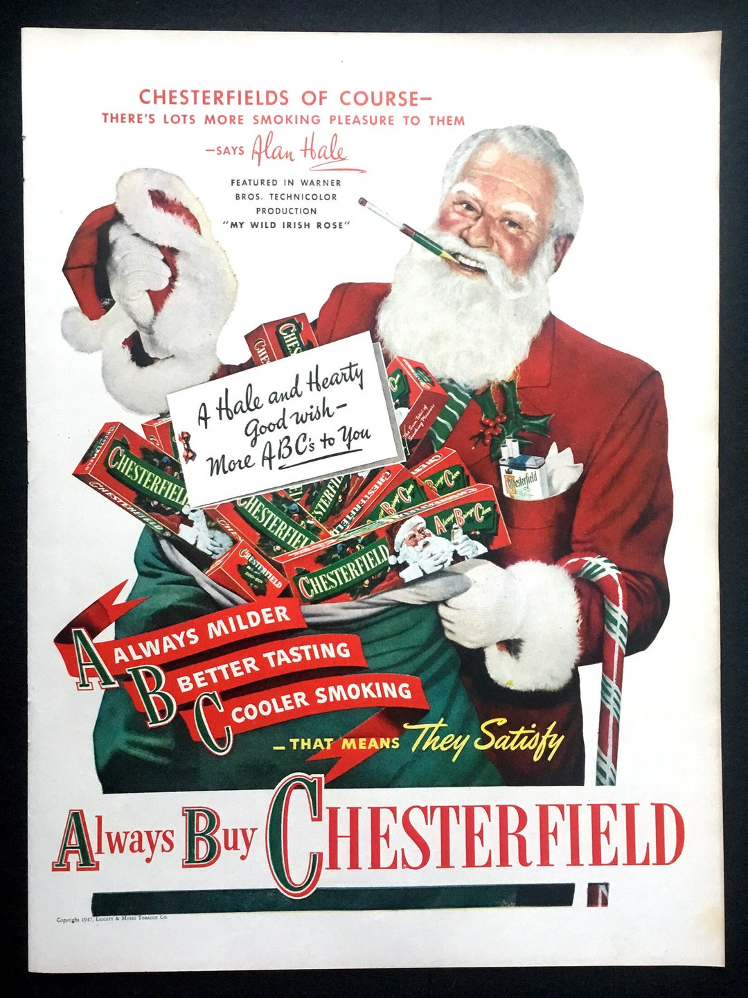 1947 Chesterfield Cigarette Ad, Alan Hale, Vintage Magazine Print - Etsy