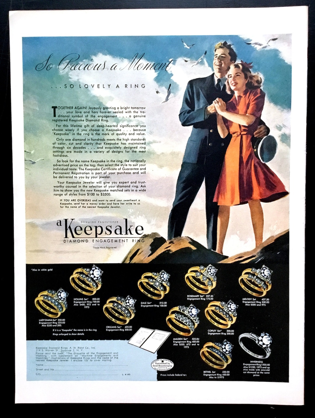 1945 Keepsake Diamond Engagement Rings Vintage Ad, Advertising Art ...