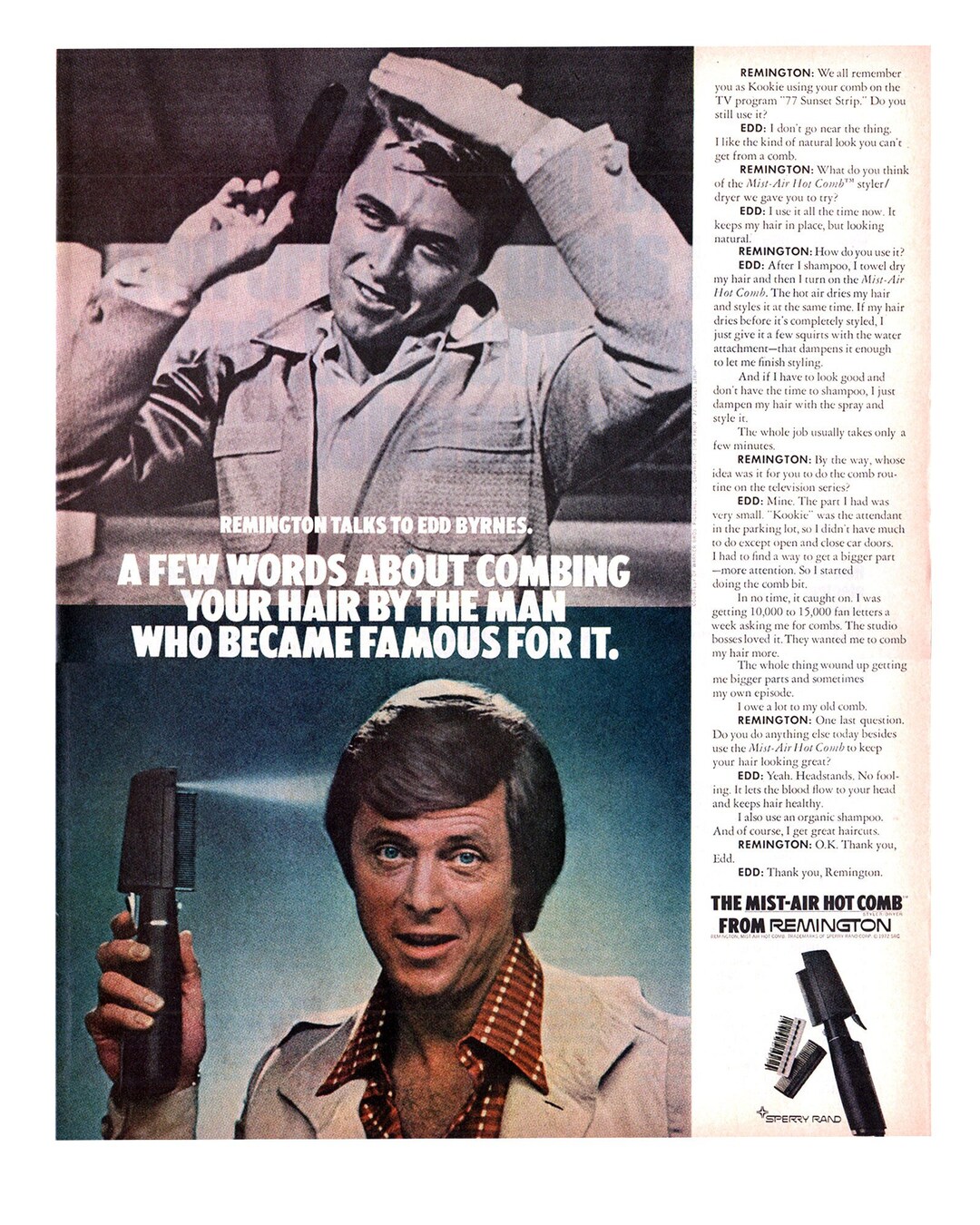 1972 Remington Mist-air Hot Comb Vintage Ad, Edd Byrnes, Advertising ...
