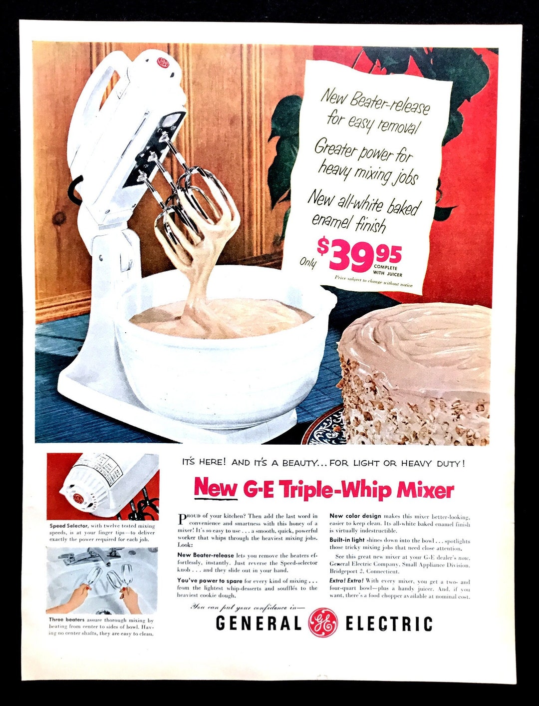 1950's General Electric Mixer Vintage Ad, Advertising Art, Magazine Ad ...