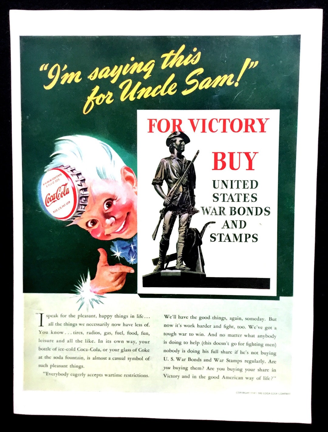 1943 Coca-cola Vintage Ad, Advertising Art, Magazine Ad, War Bonds ...