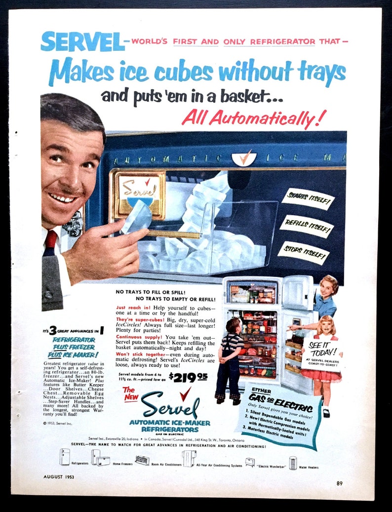 1953 Servel Refrigerator Ad, Automatic Ice Maker, Vintage Kitchen Decor ...